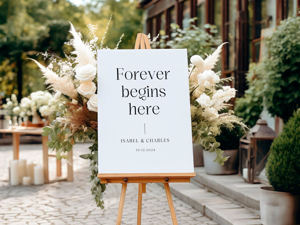 Personalized "Forever Begins Here" Wedding Welcome Sign – Magnolia Dane Co.